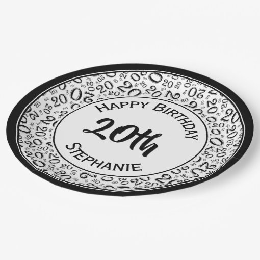 20th Birthday Random Number Pattern 20 Black/White Paper Plates | Zazzle