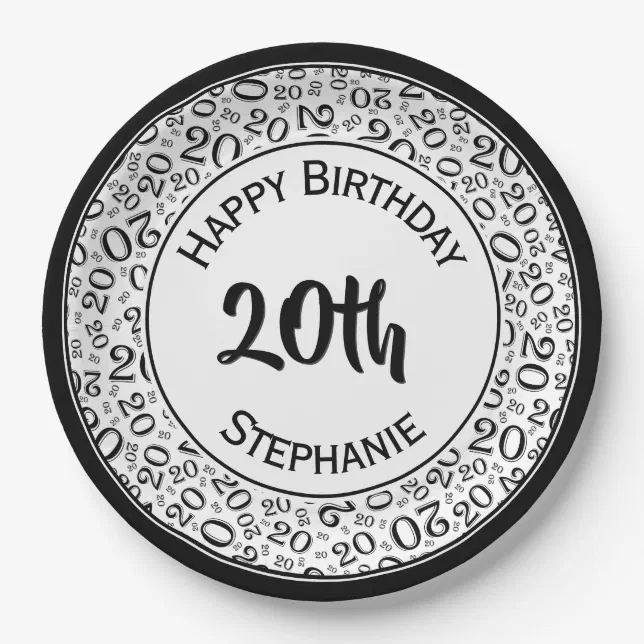 20th Birthday Random Number Pattern 20 Black/White Paper Plates | Zazzle