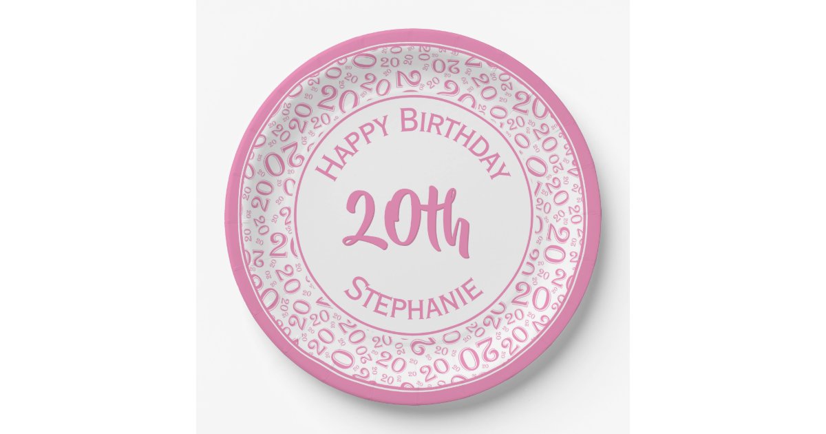 20th Birthday Random Number Pattern 20 Pink/White Paper Plates | Zazzle