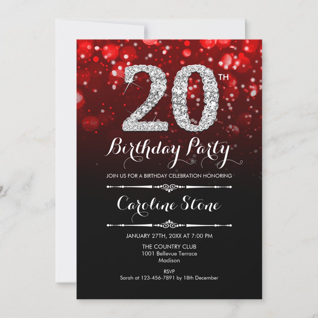 20th Birthday - Red Black Silver Invitation | Zazzle