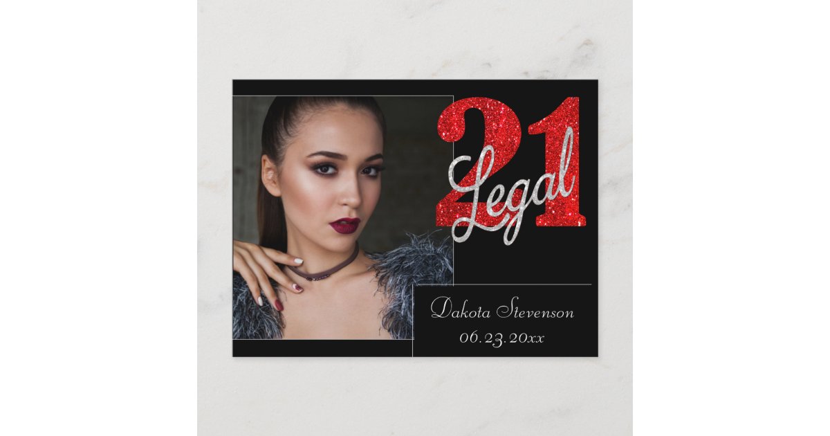 21 and Legal | Red Faux Glitter Photo Thank You Postcard | Zazzle