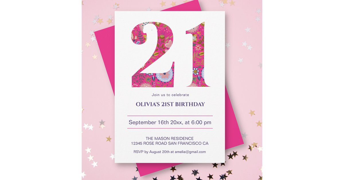 21 Birthday Modern Bold Pink Motif Invitation | Zazzle