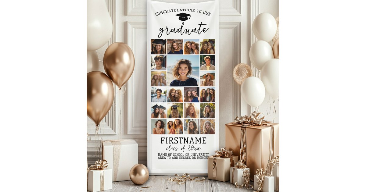 21 Photo Collage Graduation Modern Minimal White Banner | Zazzle