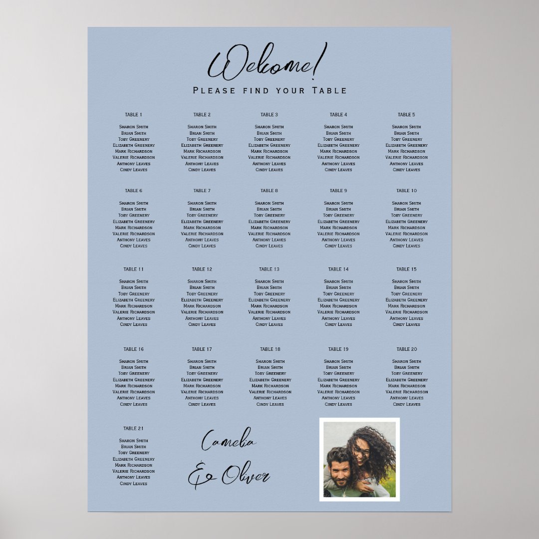 21 Table Dusty Blue PHOTO SEATING Chart | Zazzle