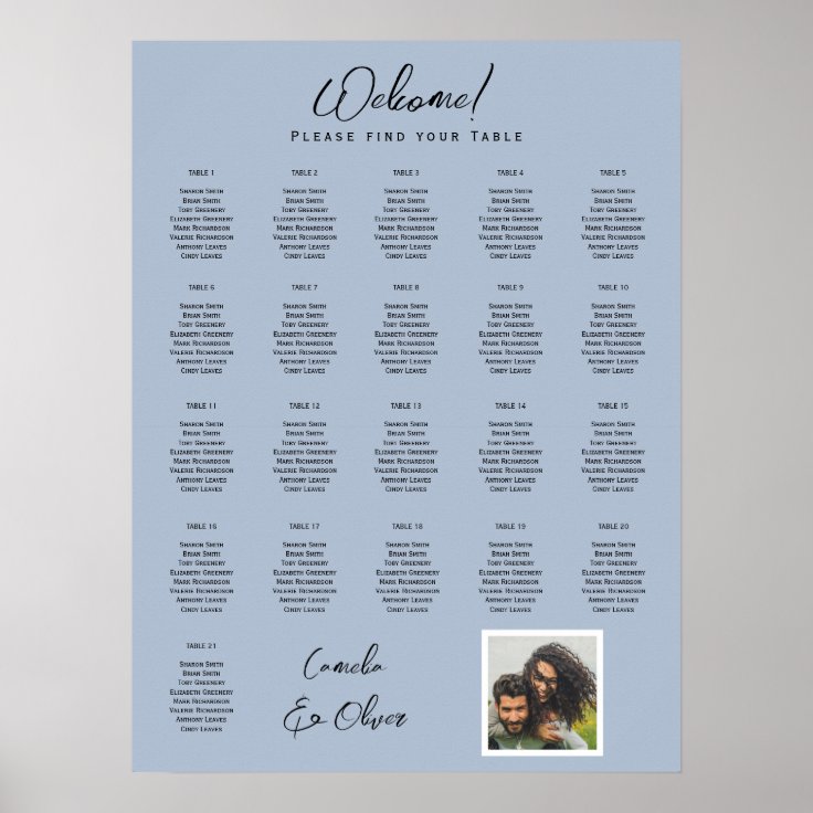 21 Table Dusty Blue PHOTO SEATING Chart | Zazzle
