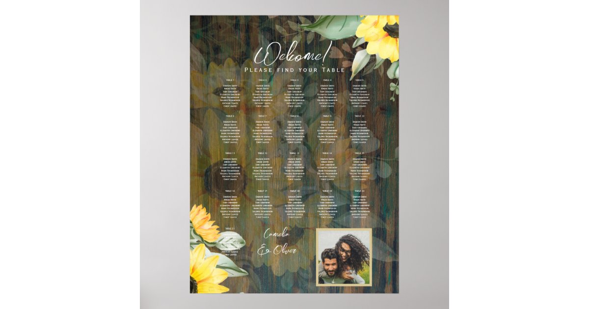 21 Table Rustic Wood SUNFLOWERS PHOTO SEATING Poster | Zazzle