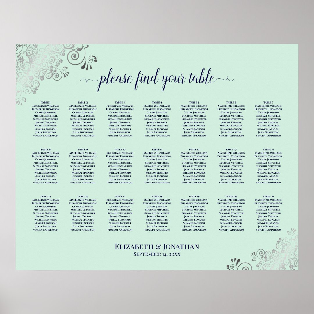 21 Table Wedding Seating Chart Mint Green & Navy | Zazzle
