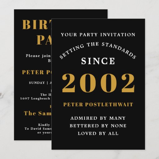 21st Birthday 2002 Black Gold Add Name Year Invitation | Zazzle