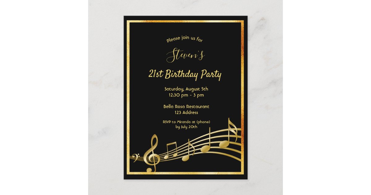21st birthday black gold music notes invitation | Zazzle