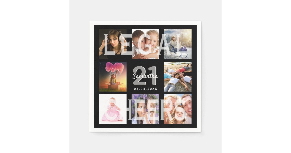 21st birthday black photo collage legal napkins | Zazzle
