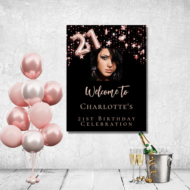 21st birthday black rose gold photo stars welcome poster | Zazzle