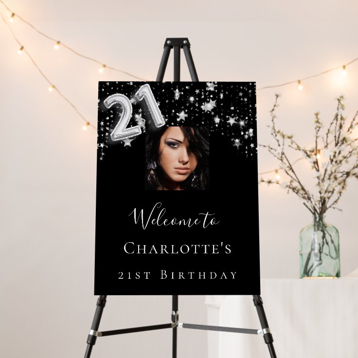 21st birthday black silver photo stars welcome foam board | Zazzle