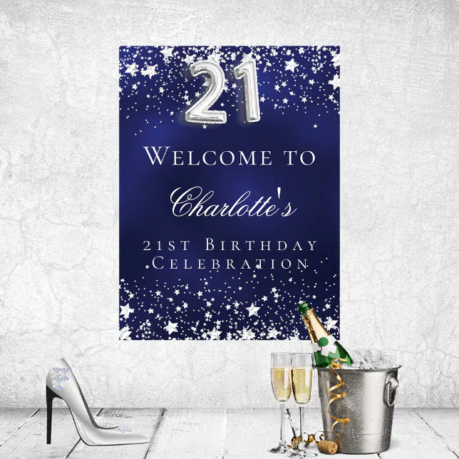 21st Birthday blue silver stars welcome party Poster | Zazzle