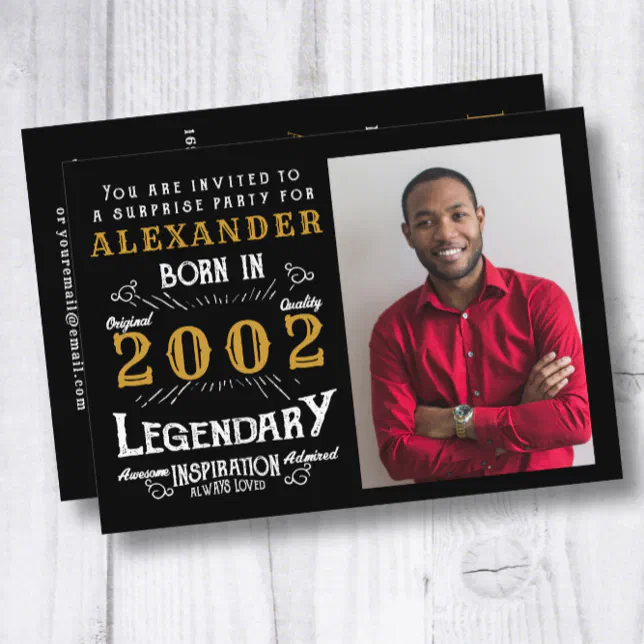 21st Birthday Born 2002 Black Gold Retro Photo Invitation | Zazzle