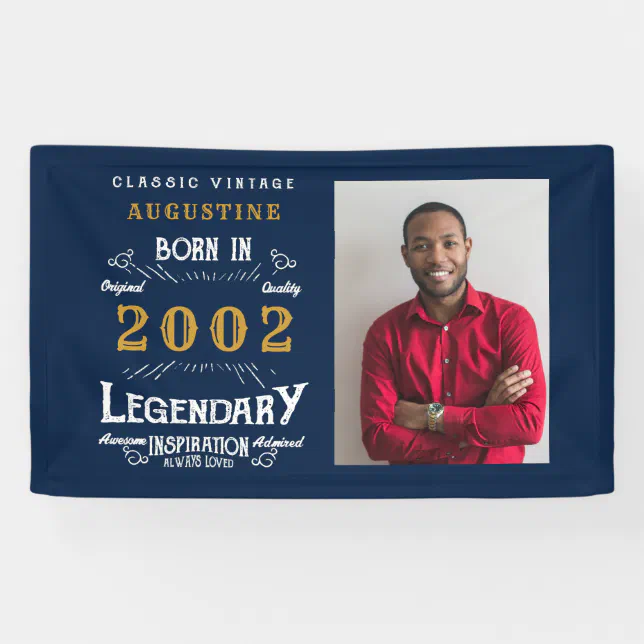 21st Birthday Born 2002 Legend Blue Gold Photo Banner | Zazzle