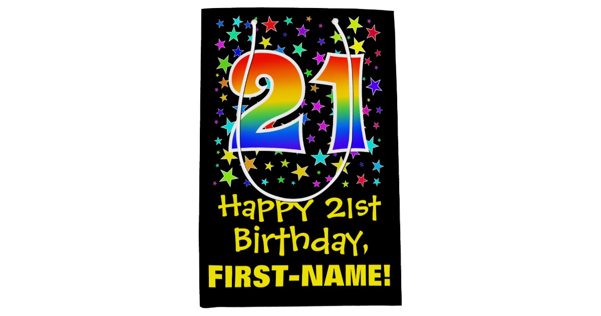 21st Birthday: Colorful Stars Pattern & Rainbow 21 Medium Gift Bag | Zazzle