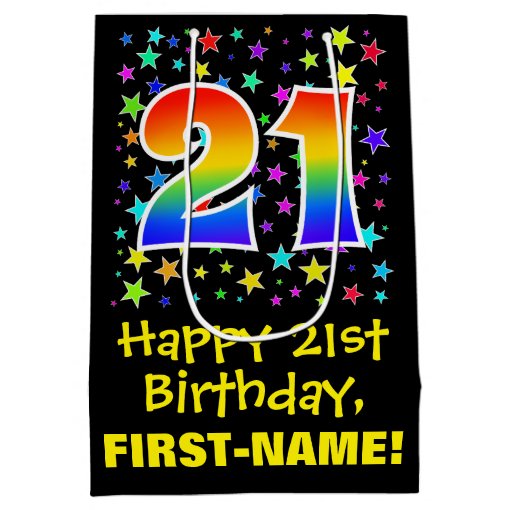21st Birthday: Colorful Stars Pattern & Rainbow 21 Medium Gift Bag | Zazzle