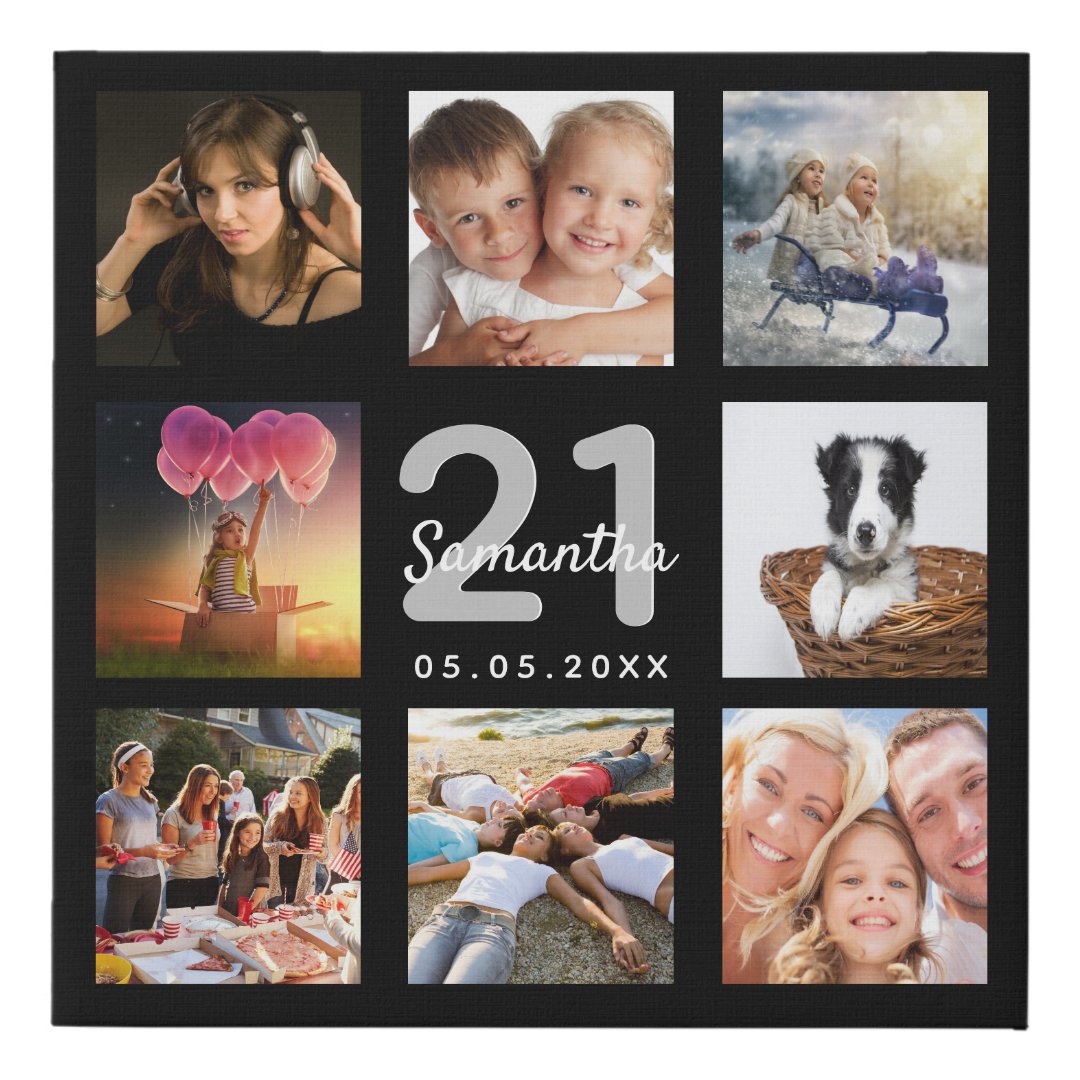 21st birthday custom photo collage black monogram faux canvas print ...