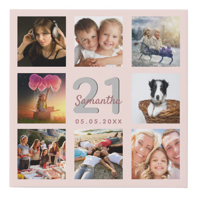21st birthday custom photo collage rose gold name faux canvas print ...