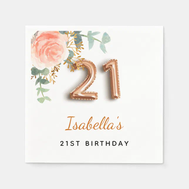 21st birthday floral rose gold eucalyptus monogram napkins | Zazzle