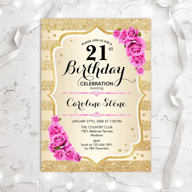 21st Birthday - Gold Stripes Pink Roses Invitation | Zazzle