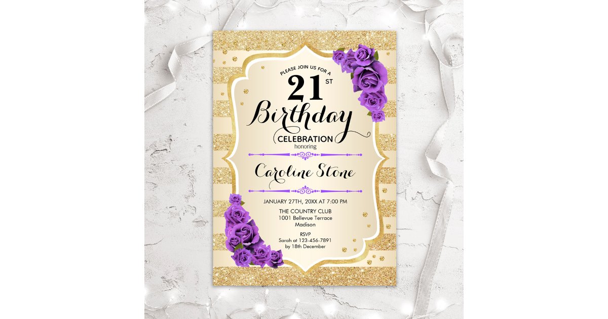 21st Birthday - Gold Stripes Purple Roses Invitation | Zazzle