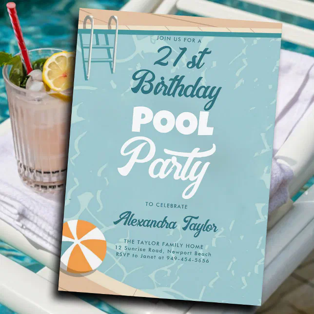 21st Birthday Ideas Summer Pool Party Teal Aqua Invitation | Zazzle