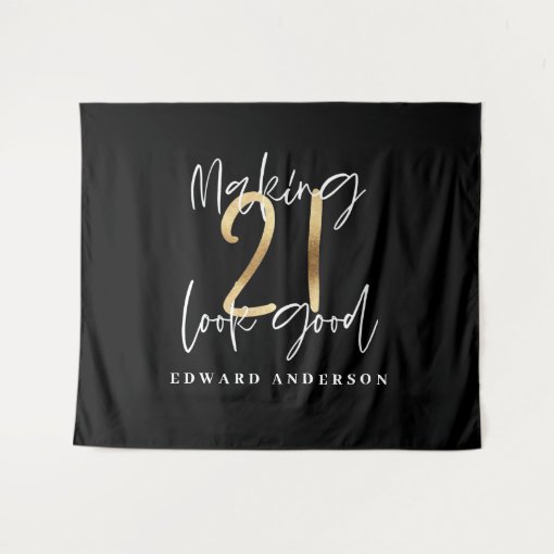 21st birthday modern black and gold stylish tapestry | Zazzle