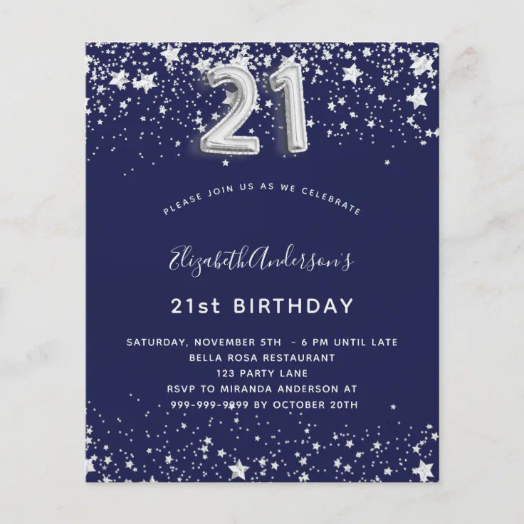 21st birthday navy blue silver budget invitation flyer | Zazzle