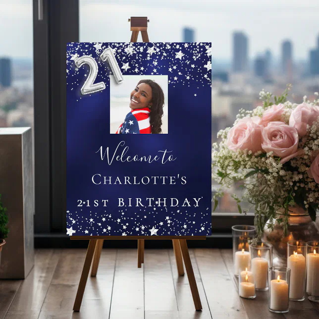 21st birthday navy blue silver stars photo welcome foam board | Zazzle