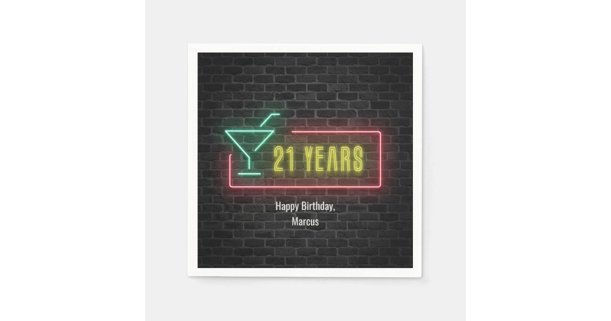 21st birthday Neon Sign on brick wall Napkins | Zazzle