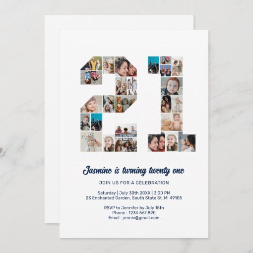 21st Birthday Number 21 Custom Photo Collage Invitation | Zazzle