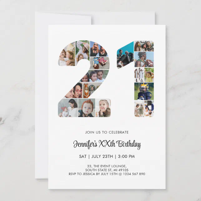 21st Birthday Number 21 Custom Photo Collage Invitation | Zazzle