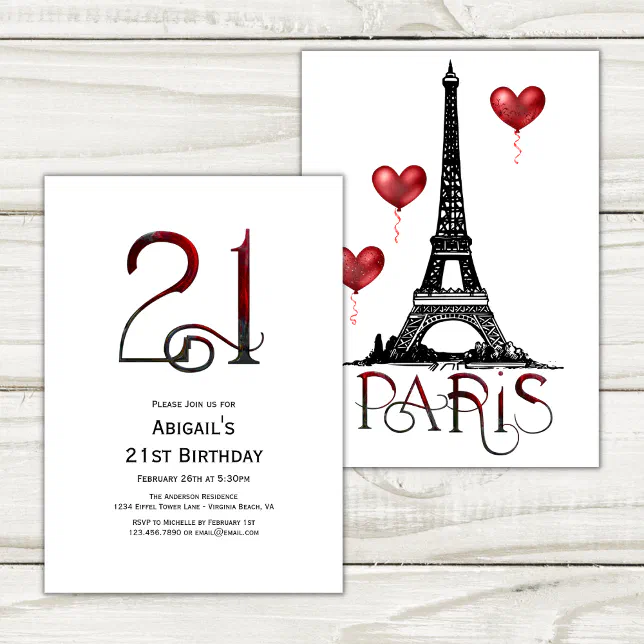 21st Birthday Paris, Eiffel Tower, Red Balloons Invitation | Zazzle