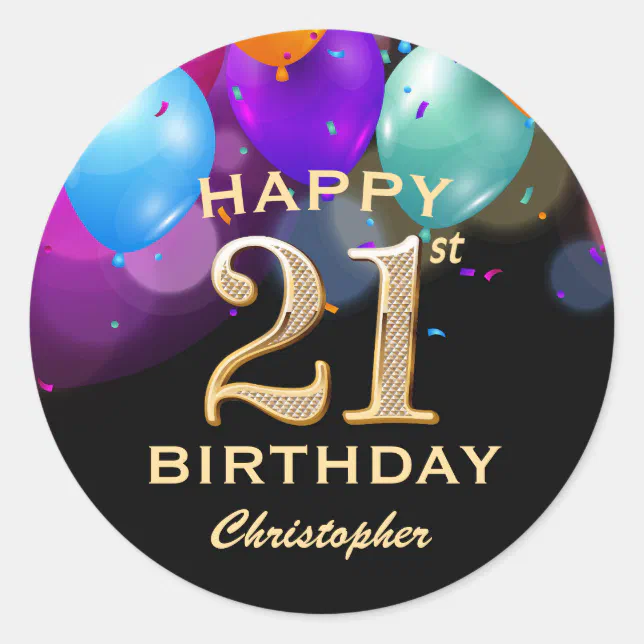 21st Birthday Party Black and Gold Balloons Classic Round Sticker | Zazzle