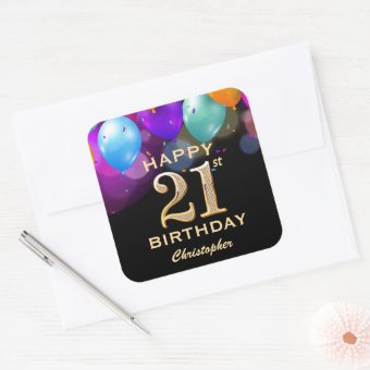 21st Birthday Party Black and Gold Balloons Square Sticker | Zazzle