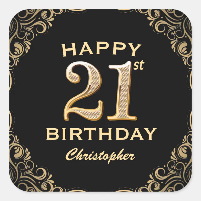 21st Birthday Party Black and Gold Glitter Frame Square Sticker | Zazzle