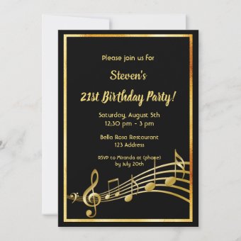 21st birthday party black and gold music notes invitation | Zazzle