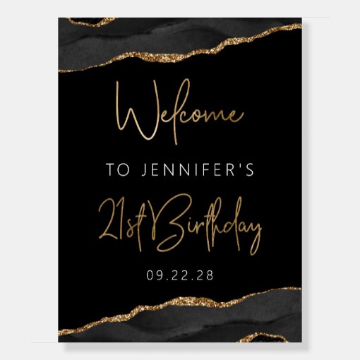 21st Birthday Party Black Gold Agate Welcome Foam Board | Zazzle