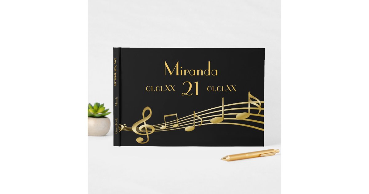 21st birthday party black gold music notes guest book | Zazzle