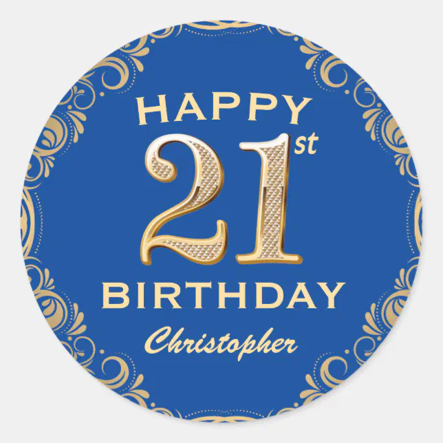 21st Birthday Party Blue and Gold Glitter Frame Classic Round Sticker ...