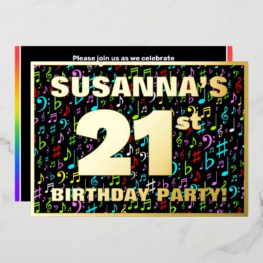21st Birthday Party — Fun, Colorful Music Symbols Foil Invitation ...