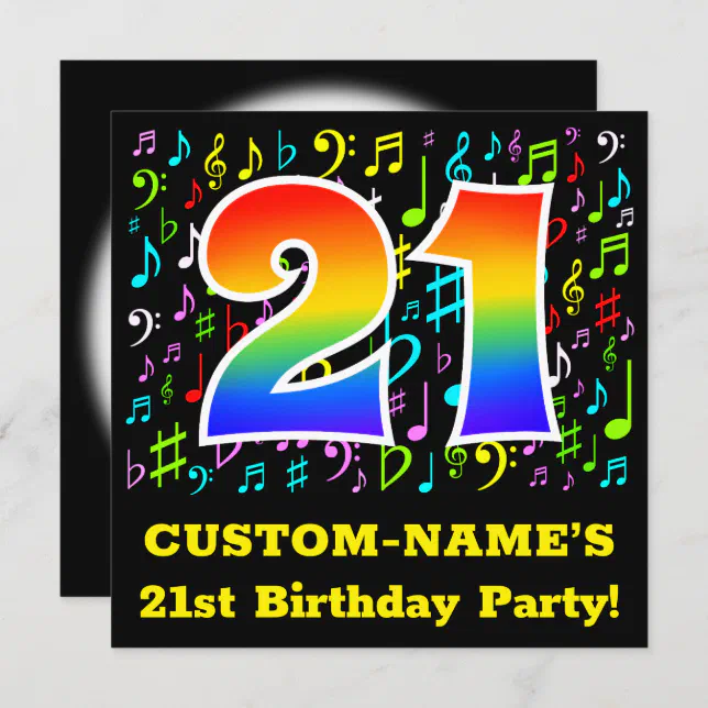 21st Birthday Party: Fun Music Symbols, Rainbow 21 Invitation | Zazzle