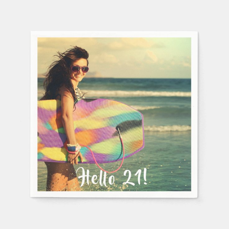 21st birthday party hello 21 photo girl napkins | Zazzle