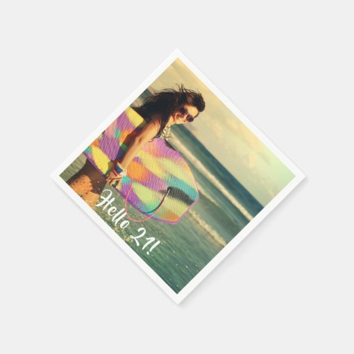 21st birthday party hello 21 photo girl napkins | Zazzle