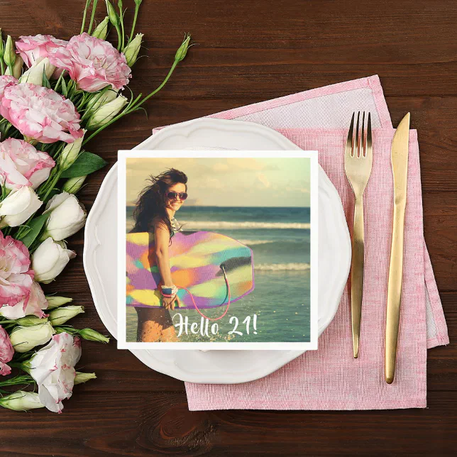 21st birthday party hello 21 photo girl napkins | Zazzle