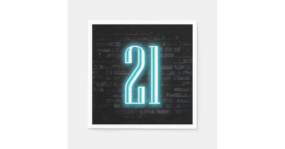 21st Birthday Party Neon Sign on Brick Wall Napkins | Zazzle