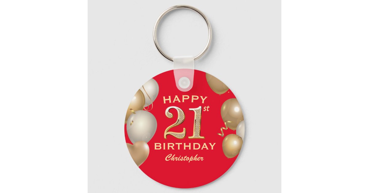 21st Birthday Party Red and Gold Balloons Keychain | Zazzle