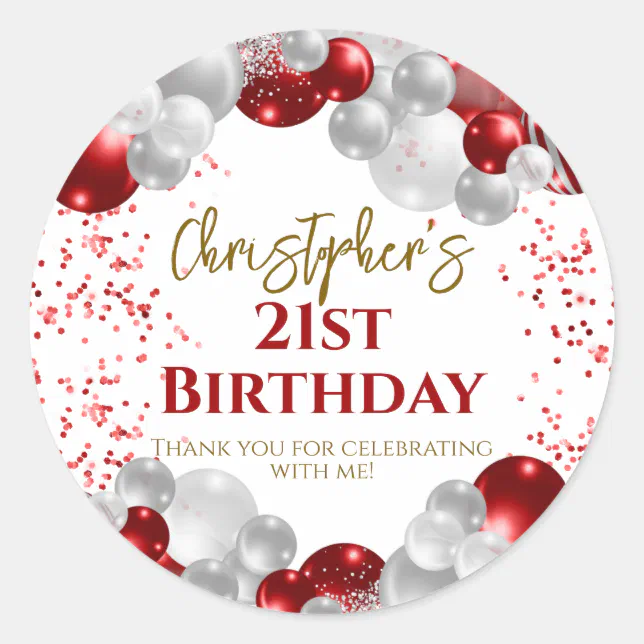 21st Birthday Party Red Balloons Thank You Classic Round Sticker | Zazzle