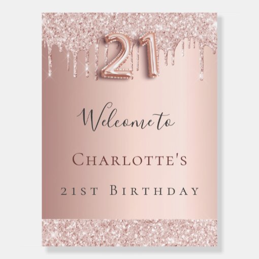 21st birthday party rose gold glitter welcome foam board | Zazzle